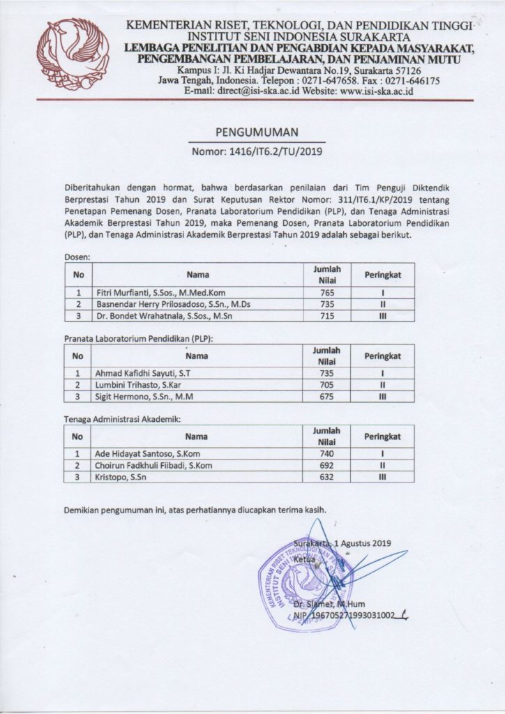 Pemenang Dosen, PLP dan Tenaga Adm Akademik Berprestasi 2019 ISI Ska – LPPM