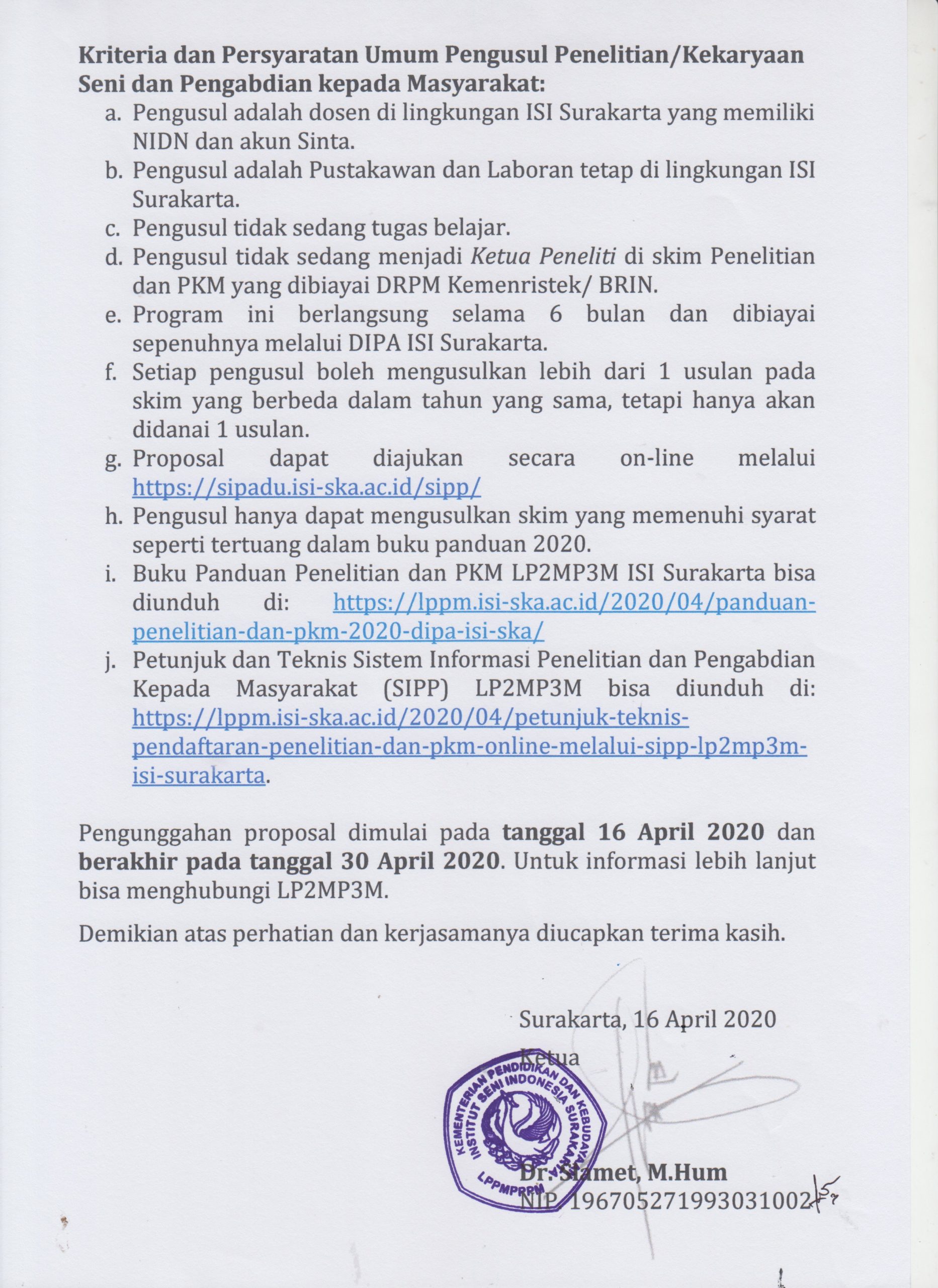 Pengumuman Penelitian dan PKM 2020 DIPA ISI Ska – LPPM